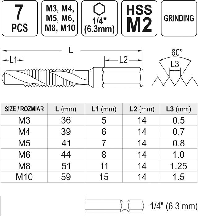 YATO Professional Tap Set 7 Pcs Sizes M3 M10 For Mechanical Manual YATO Professional Tap Set 7 Pcs Sizes M3 M10 For Mechanical Manual
